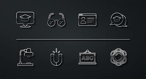 연설 거품 테이블 램프 칠판 자석 안경 아톰 및 온라인 수업 아이콘에 줄 졸업 모자를 설정합니다 벡터 검은색에 대한 스톡 벡터 아트 및 기타 이미지 Istock