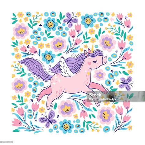 손으로 그린 벡터 사각형 프레임입니다 환상의 꽃들 사이에서 귀여운 유니콘 디자인 어린이 방 의류 보육원 흰색 배경에 포스터 포스터에 대한 파스텔 색상의 밝은 그림 T 셔츠에