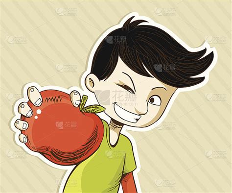 拿着红苹果的卡通男孩