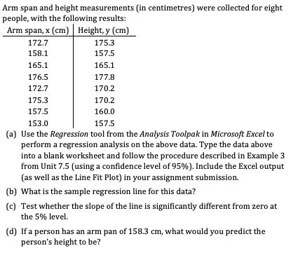 Solved Arm Span And Height Measurements In Centimetres Chegg Com