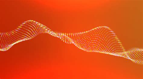 추상적 빨간색과 노란색 파티클 배경입니다 점 풍경이 있는 흐름 파 디지털 데이터 구조 미래의 메시 또는 사운드 그리드 패턴 점 시각화 기술 벡터 그림 0명에 대한 스톡 벡터