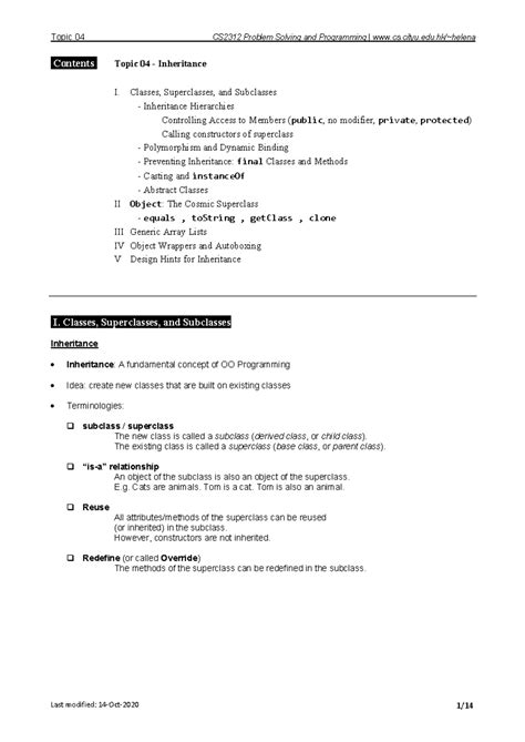 Topic 04 Inheritance Contents Topic 04 Inheritance I Classes