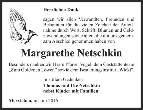 Traueranzeigen Von Margarethe Netschkin Trauer In Thueringen De