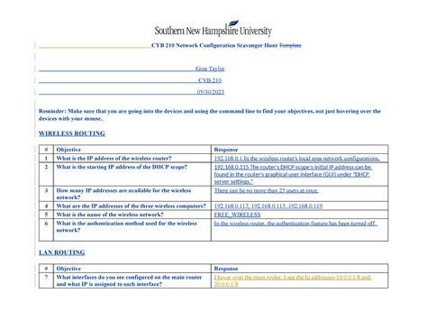 Cyb 210 Network Configuration Scavenger Hunt Template Gina Taylor Wireless Routing Objective