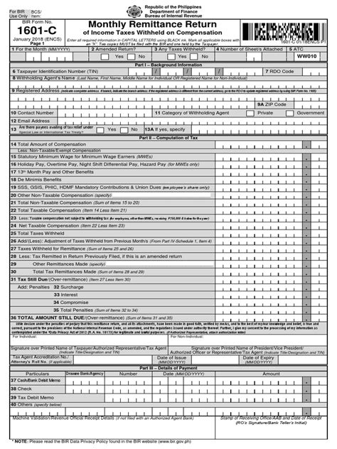 Bir Form 1601c Final Jan 2018 Pdf Withholding Tax Services Economics