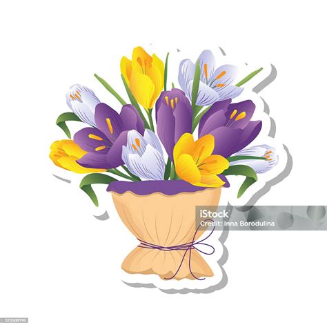 봄 보라색 파란색 노란색 크로커스의 꽃다발이 있는 스티커는 흰색 배경에 고립되어 있습니다 개화기에 대한 스톡 벡터 아트 및 기타