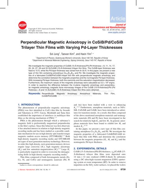 Pdf Perpendicular Magnetic Anisotropy In Cosib Pd Cosib Trilayer Thin Films With Varying Pd