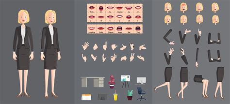 양식화 된 사업가 캐릭터 생성 팩 리깅 및 애니메이션 립싱크 손 제스처 감정 및 포즈 프리미엄 벡터를위한 움직일 수있는 관절이있는 검은 양복을 입은 만화 여성 Lip