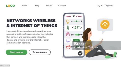 큰 전화에 기대어 앉아 있는 여자와 함께 전화를 통해 스마트 장치를 제어하는 웹 페이지 디자인 템플릿입니다 스마트 홈의 만화 개념과 웹사이트 랜딩 페이지 모바일 앱을 위한