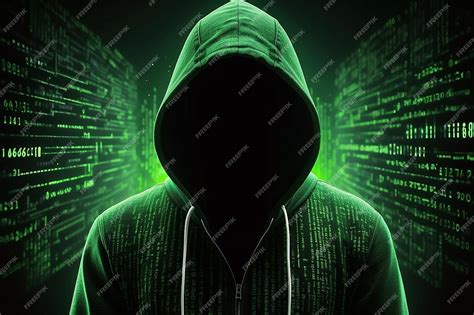 silhouette of a hacker in a hood with binary code on a luminous green