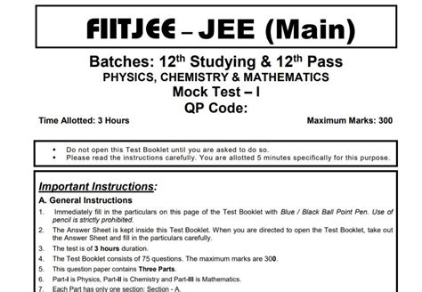 Fiitjee AITS JEE MAINS Mock Tests Latest Pattern In Pdf