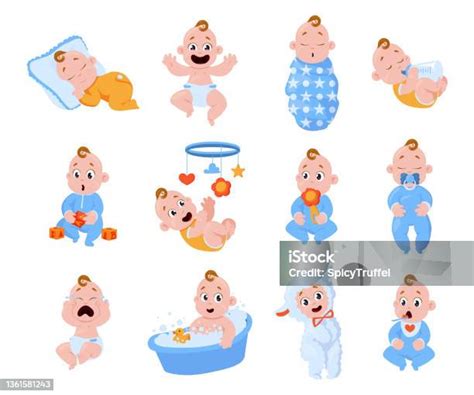 갓 태어난 아기 만화 유아 소년과 소녀 캐릭터 는 웃고 울고 잠을 자거나 어린 아이들을 놀아 기저귀와 젖꼭지를 가진 유아 인간의