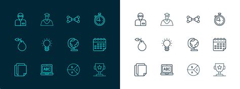 라인 스톱워치 노트북 지구 지구본 파이 차트 인포 그래픽 크리에이티브 램프 조명 아이디어 분자 교사 및 졸업생 및 졸업 모자 아이콘을 설정합니다 벡터 뇌에 대한 스톡 벡터