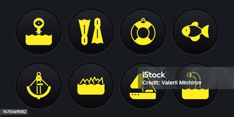 앵커 물고기 날카로운 돌 암초 요트 범선 구명 부표 수영 용 오리발 잠망경 및 아이콘을 설정하십시오 벡터 감시에 대한 스톡 벡터 아트 및 기타 이미지 Istock