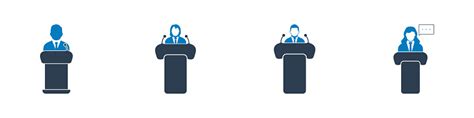 대중 연설 아이콘 세트입니다 리더 연사 마이크 연단 프레젠테이션 세미나 컨퍼런스 회장 정치인 및 기타 아이콘 모음 편집 가능한 플랫 벡터 그림입니다 로고에 대한 스톡 벡터