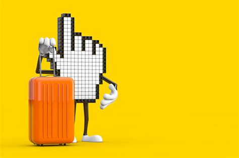 픽셀 핸드 커서 마스코트 사람 캐릭터 오렌지 여행 가방 3d 렌더링 에 대한 스톡 사진 및 기타 이미지 가방 개념 Istock