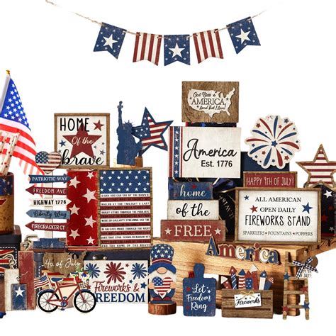 4th Of July Tiered Tray Decorations Set Wood Patriotic Decoration