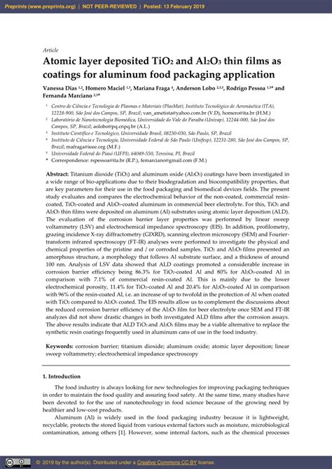 Pdf Atomic Layer Deposited Tio2 And Al2o3 Thin Films As Coatings For Aluminum Food Packaging