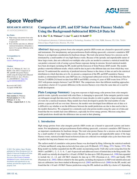 Pdf Comparison Of Jpl And Esp Solar Proton Fluence Models Using The Background‐subtracted