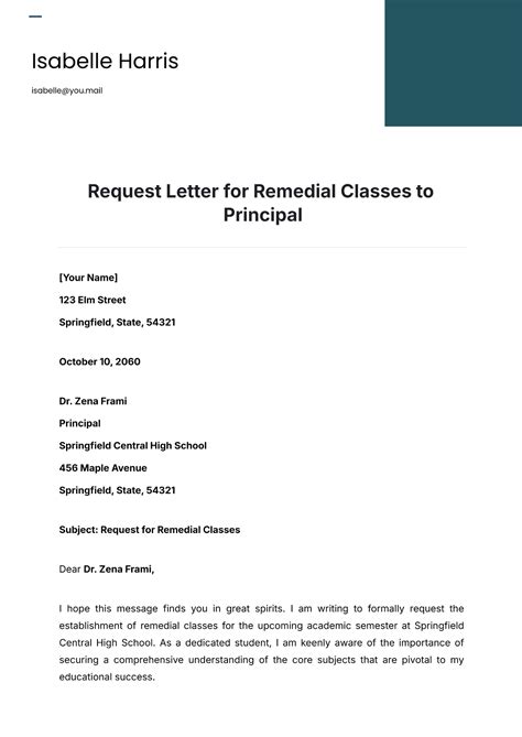 Free Request Letter For Remedial Classes To Principal Template To Edit