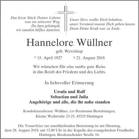 Traueranzeigen Von Hannelore Wüllner Trauer In Nrwde