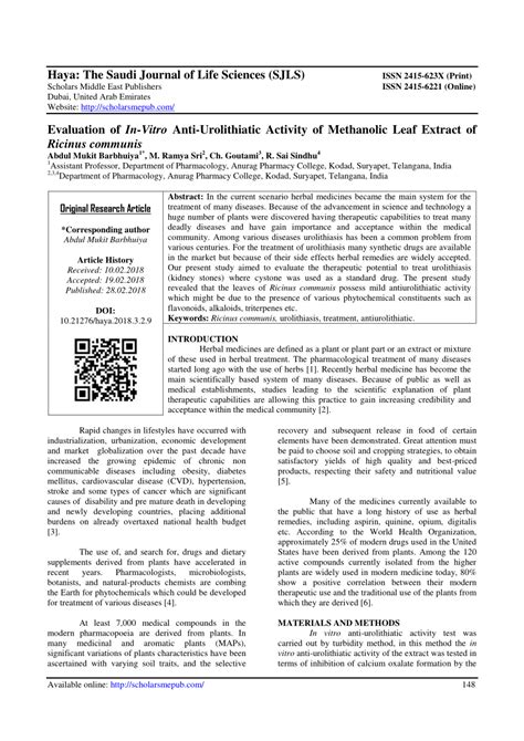 Pdf Evaluation Of In Vitro Anti Urolithiatic Activity Of Methanolic
