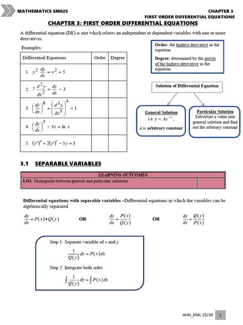 First Order Differential Equations Guide Pdf Equations Variable