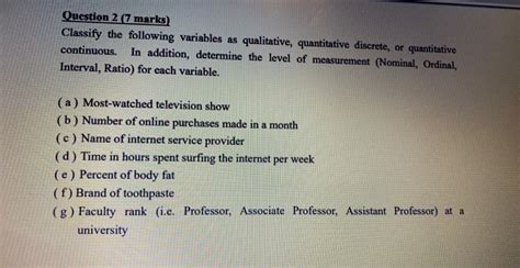 solved question 2 7 marks classify the following variables