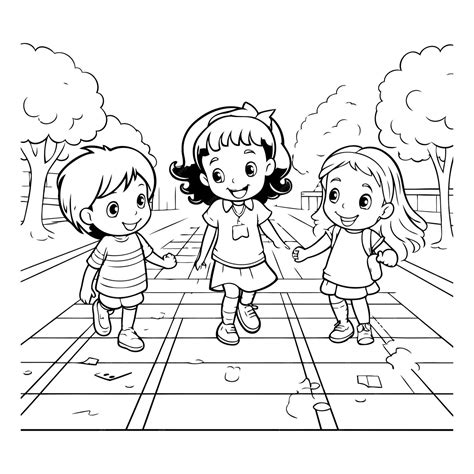 Libro De Colorear Para Niños Niñas Caminando En El Parque Ilustración