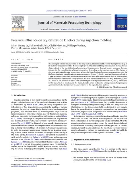 Pdf Pressure Influence On Crystallization Kinetics During Injection Molding Cường Nguyễn Lê