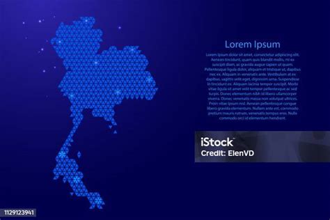 태국 지도 개요 배너 포스터 인사말 카드에 대 한 반복 되는 노드 및 공간 별 패턴 기하학적 배경을 파란색 삼각형에서 도식 벡터 일러스트입니다 3차원 형태에 대한 스톡 벡터