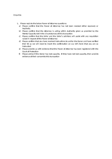 Lpa Enquiries Enquiries 1 Please Reply To The Below Power Of