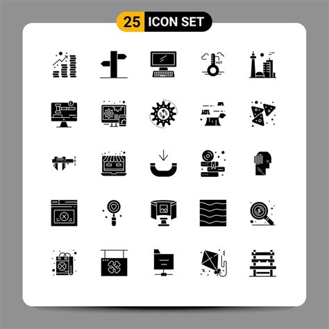 Editable Vector Line Pack Of 25 Simple Solid Glyphs Of Building Weather Computer Hot Pc Editable