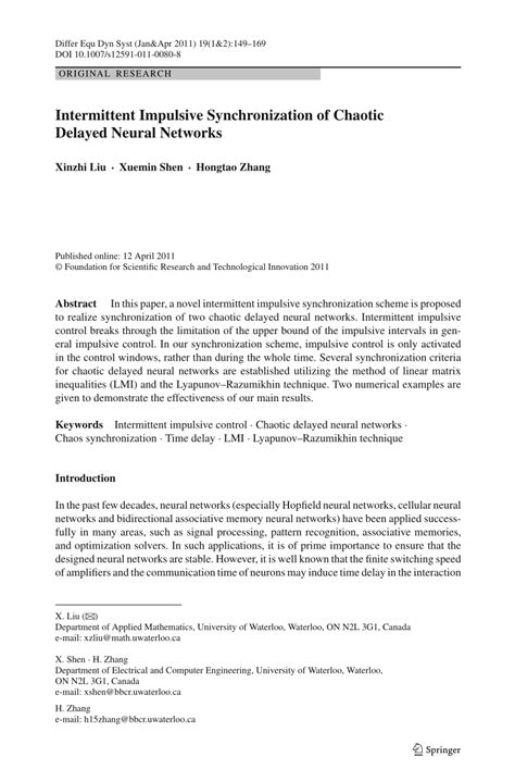 Pdf Intermittent Impulsive Synchronization Of Chaotic Delayed Neural