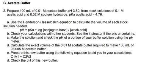 Solved B Acetate Buffer 2 Prepare 100 Ml Of 0 01 M Acetate