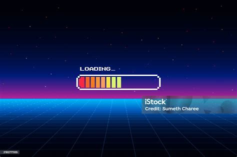 Loading 막대 Pixel Art 8비트 레트로 게임 벡터 일러스트레이션의 게임 자산용 복고풍 미래파 공상 과학 배경 빛나는 네온 그리드와 빈티지 아케이드 컴퓨터 게임의