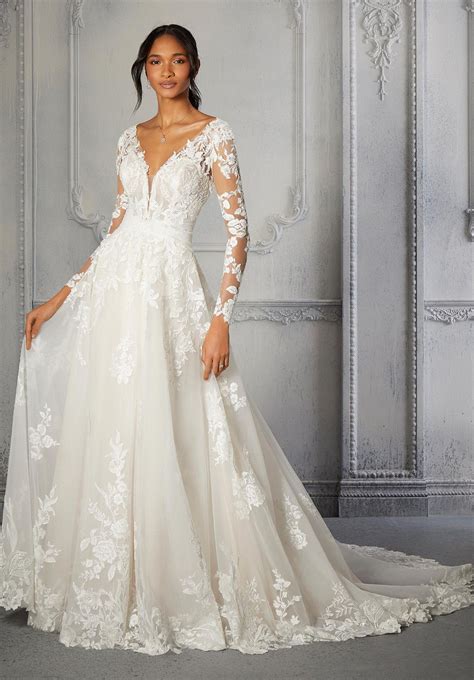 Hot A Line Lace Wedding Gown Outlet Illusion Long Sleeve Open Back Lace