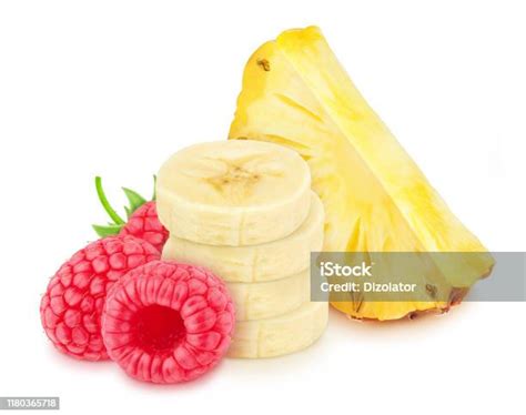 파인애플 바나나 라즈베리와 여러 가지 빛깔의 구성 클리핑 경로와 흰색 배경에 격리 0명에 대한 스톡 사진 및 기타 이미지 0명 개체 그룹 건강한 식생활 Istock