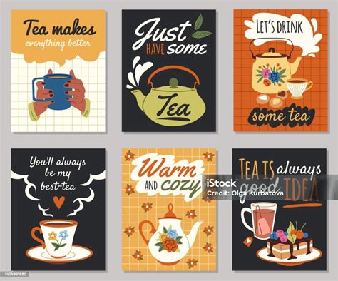 티 타임 메뉴 카드 재미있는 손으로 그린 텍스트 뜨거운 음료 및 다양한 과자와 디저트 아늑한 가정 잔치 카페 또는 레스토랑 장식 깔끔한 벡터 만화 세트가있는 귀여운 아침