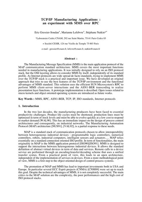 Pdf Tcpip Manufacturing Applications An Experiment With Mms Over Rpc