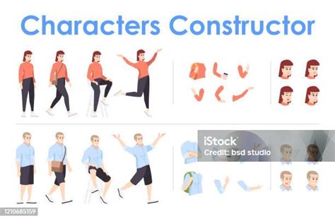 남성 및 여성 전면 보기 애니메이션 평면 벡터 문자 디자인 세트입니다 캐릭터 애니메이션 생성 만화 팩 다양한 얼굴 감정 신체 포즈 손 짓 키트를 가진 학생 생성자 가공의