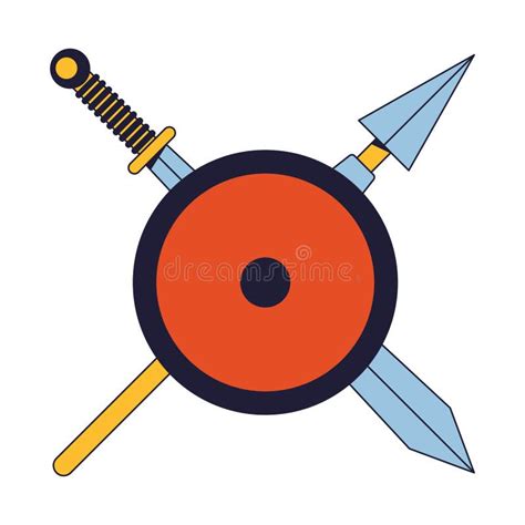 Crossed Medieval Weapon Behind Shield Flat Line Color Isolated Vector