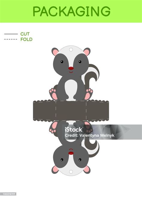 Diy 파티 호의 상자 다이 컷 템플릿 디자인 생일 과자 사탕 작은 선물에 대한 귀여운 스컹크와 아기 샤워 인쇄 가능한 색상 구성표입니다 인쇄 잘라내기 접기 접착제 벡터