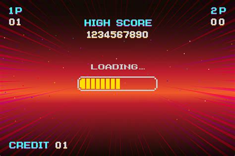 Loading 막대 Pixel Art 8비트 복고풍 게임 벡터 일러스트레이션의 게임 자산용 복고풍 미래파 공상 과학 배경 빛나는 네온 그리드와 빈티지 아케이드 컴퓨터 게임의