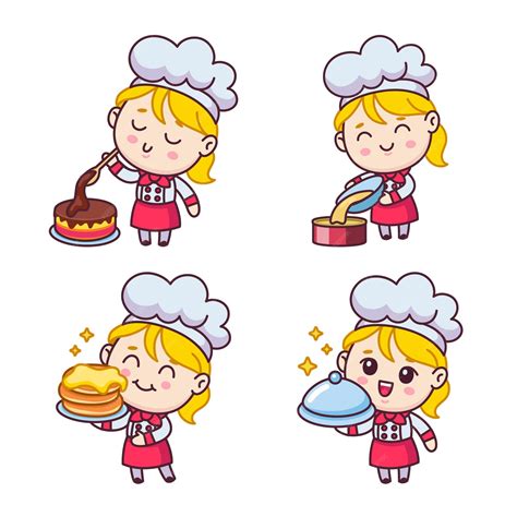 케이크를 만드는 만화 소녀 셰프 캐릭터 세트 반죽을 베이킹 링에 붓고 접시 제공 프리미엄 벡터