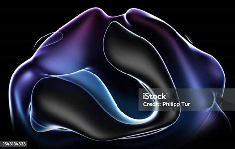 곡선 물결 모양의 우아함 나선형 유기적 선이 있는 초현실적 외계인 꽃 조각의 일부가 있는 추상 미술 3d 배경의 3d 렌더링은 검은색에 네온 형광 파란색과 보라색 그라데이션