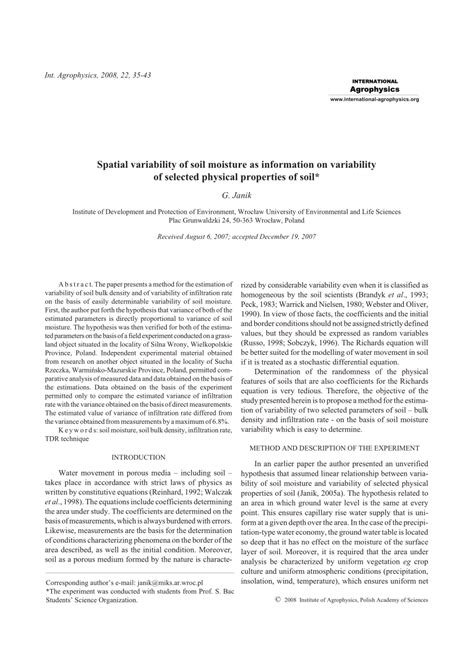 PDF Spatial Variability Of Soil Moisture As Information On Variability Of Selected Physical