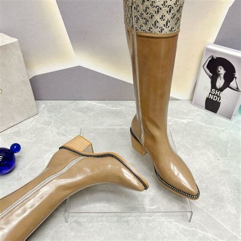 Boot Jimmy Chooo Cổ Cao Gần Gối Cao 6 5cm Phối Hoạ Tiết Logo Kiểu Cự Lien Fashion