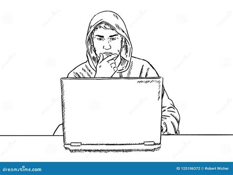 Sketch Style Illustration Of Hacker Thinking In Front Of His Laptop