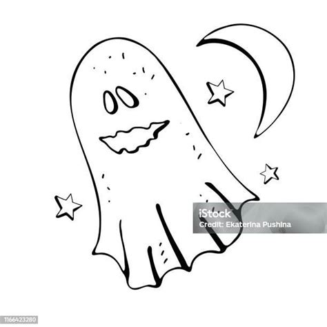 유령 귀여운 할로윈 유령은 별과 달 사이에 비행한다 흑백 선 그리기 벡터의 흰색 배경에 격리된 개체입니다 흑백 그림입니다 10월에 대한 스톡 벡터 아트 및 기타 이미지